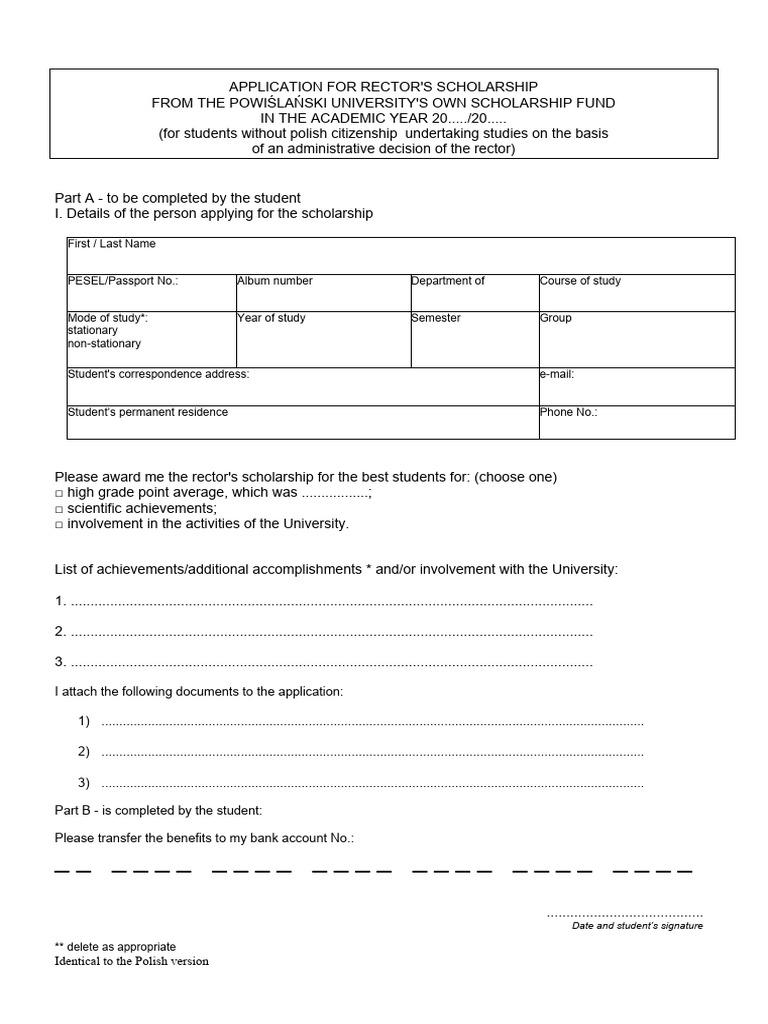 Application For Rector's Scholarship NEW | PDF