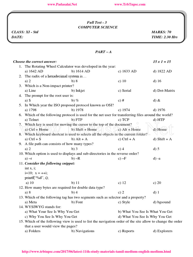 11th Computer Science Model Question Paper em | PDF | Computing | Computer Programming