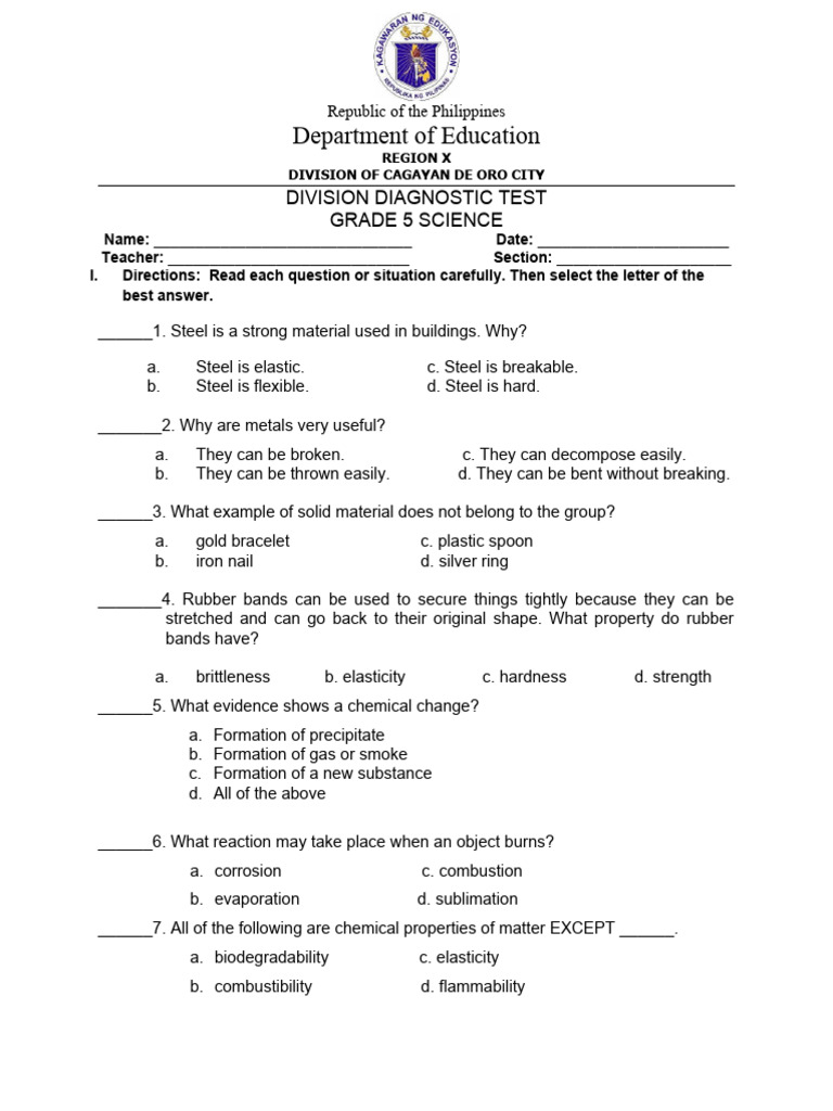 Diagnostic Test Science 5 | PDF | Flowers | Reproductive System