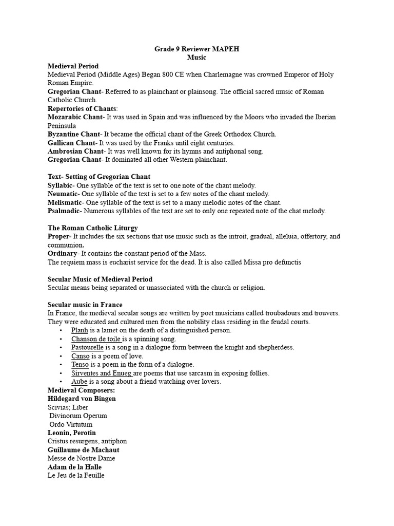 Grade 9 Reviewer MAPEH | PDF | Gregorian Chant