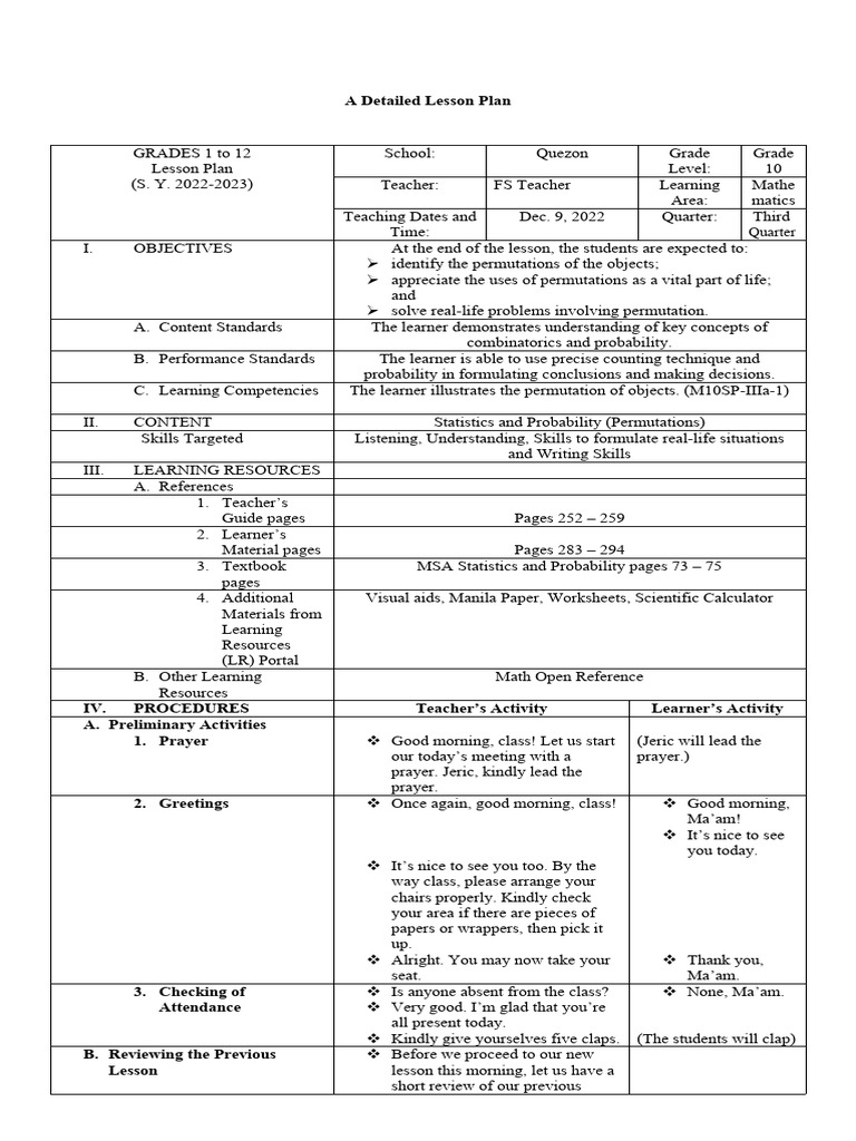 MC Lesson Plan | PDF | Permutation | Lesson Plan