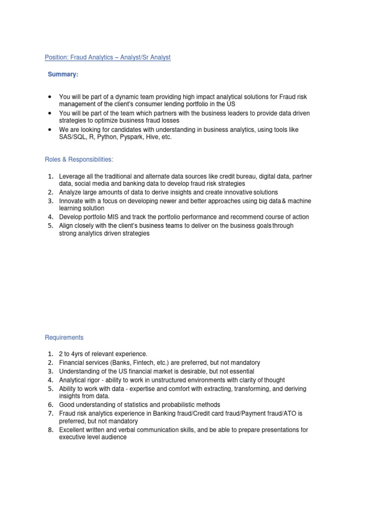 JD Fraud Analytics - Analyst-Sr Analyst | PDF