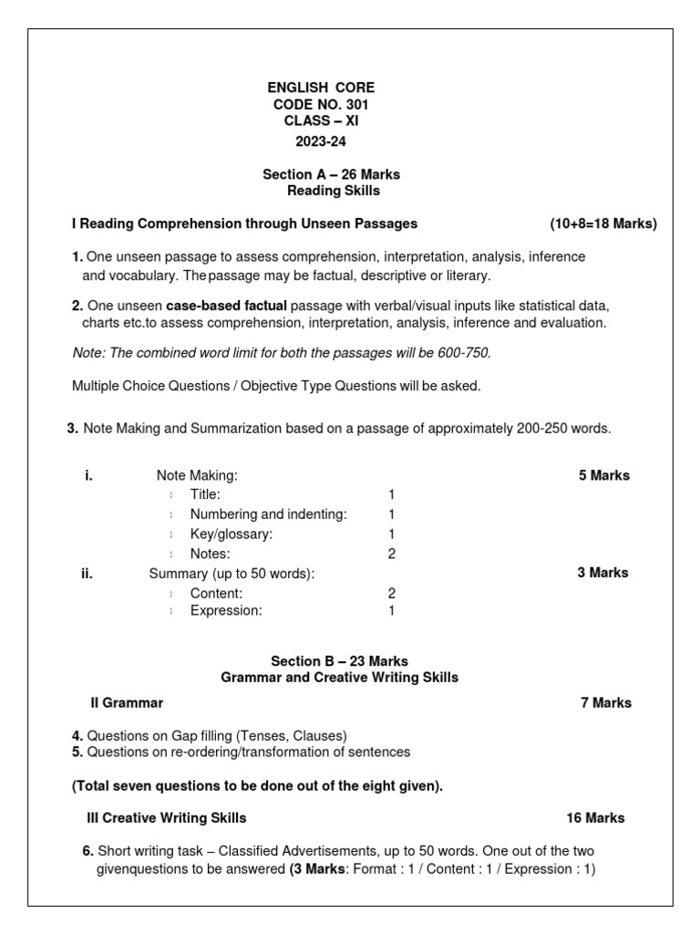 Class 11 English Syllabus 2023-24 | PDF | Reading Comprehension | Cognition