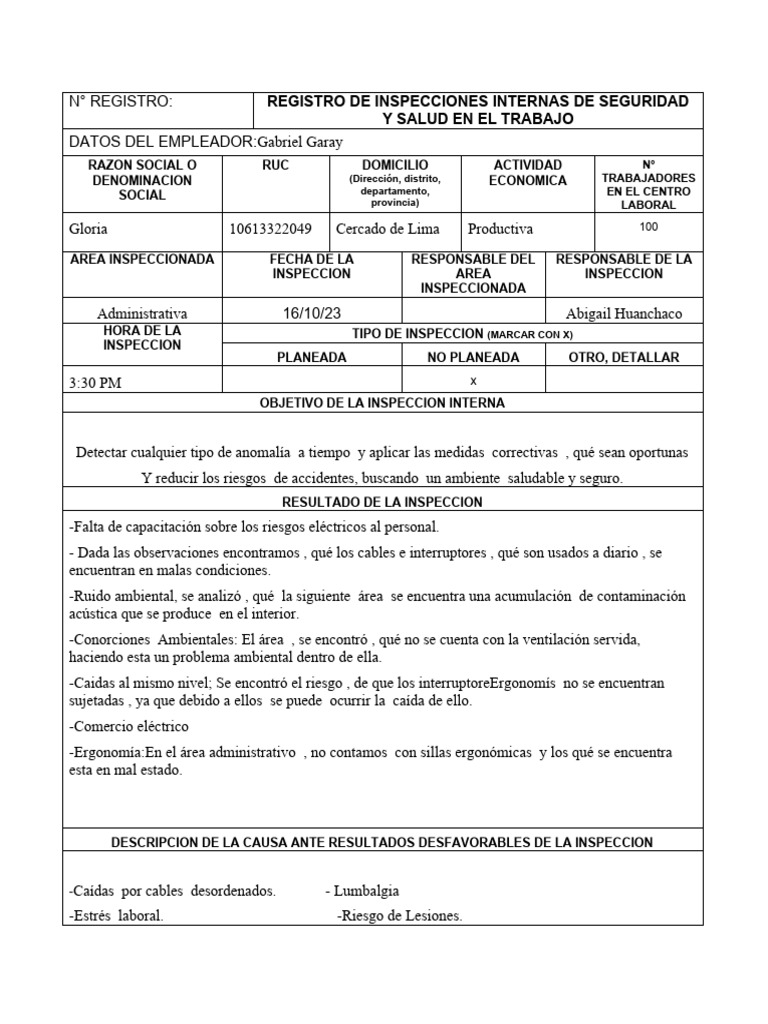 Registro de Inspecciones Internas de Seguridad y Salud en El Trabajo ...