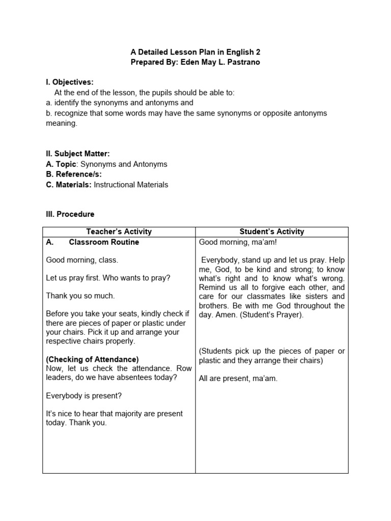 English 2 Lesson Plan: Synonyms & Antonyms | PDF | Lesson Plan