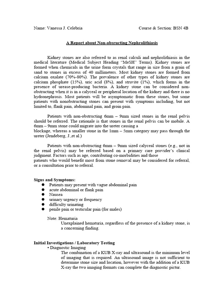 Non-Obstructing Nephrolithiasis Overview | PDF | Kidney | Medicine