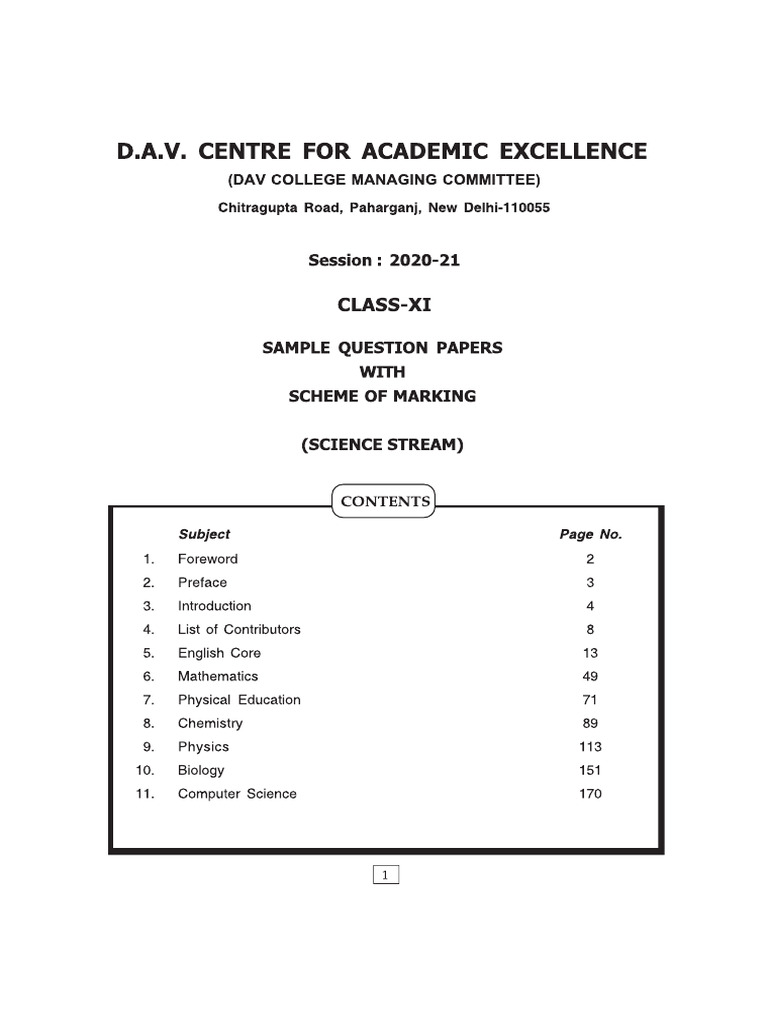 Sample Papers XI Science Stream | PDF