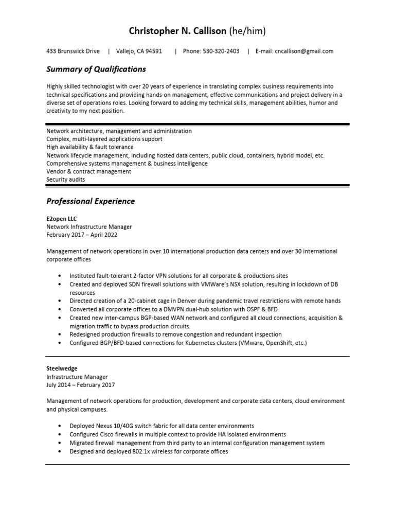 Chris - Callison Resume 2023 Aug 23 | PDF | Computer Network | Cloud Computing