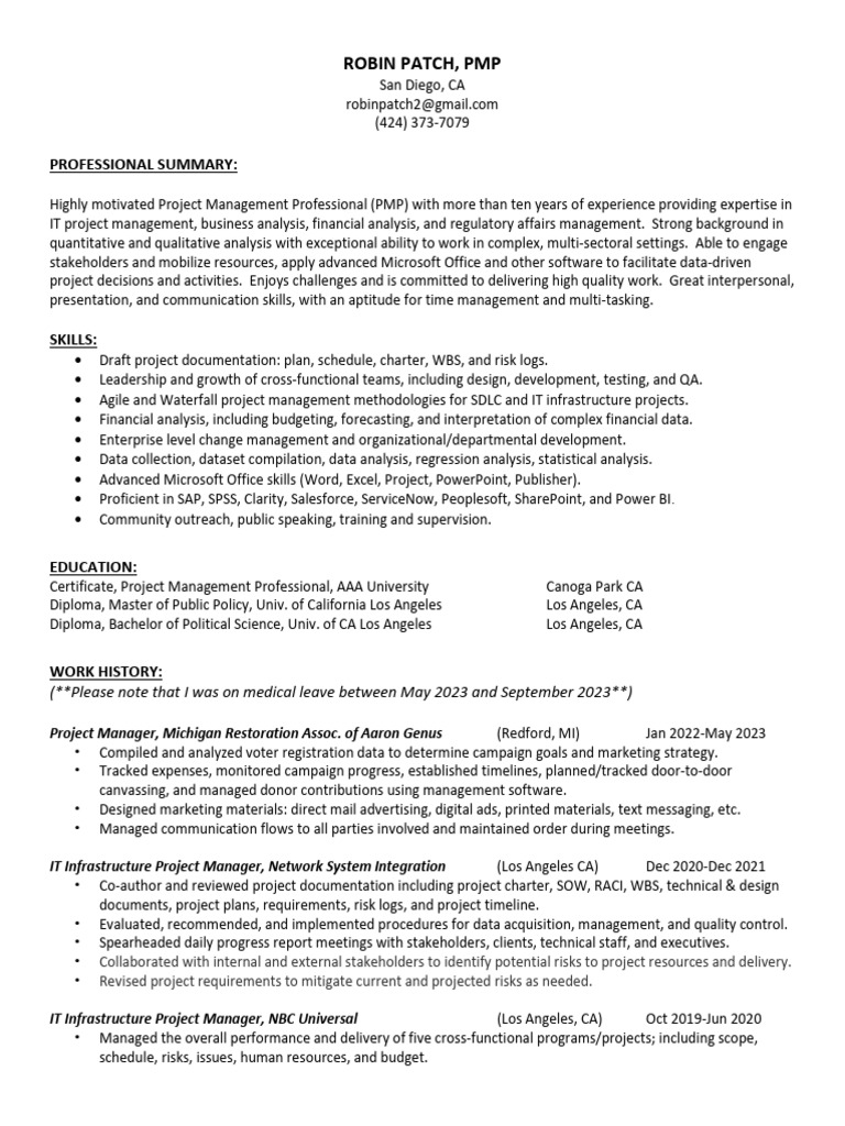 Robin Patch Resume PM Sept 2023 | PDF | Project Management | Desktop ...
