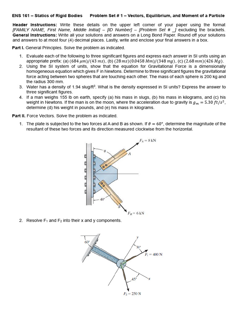 Problem Set 1 Vectors Equilibrium and Moment of A Particle | PDF | Force | Mass