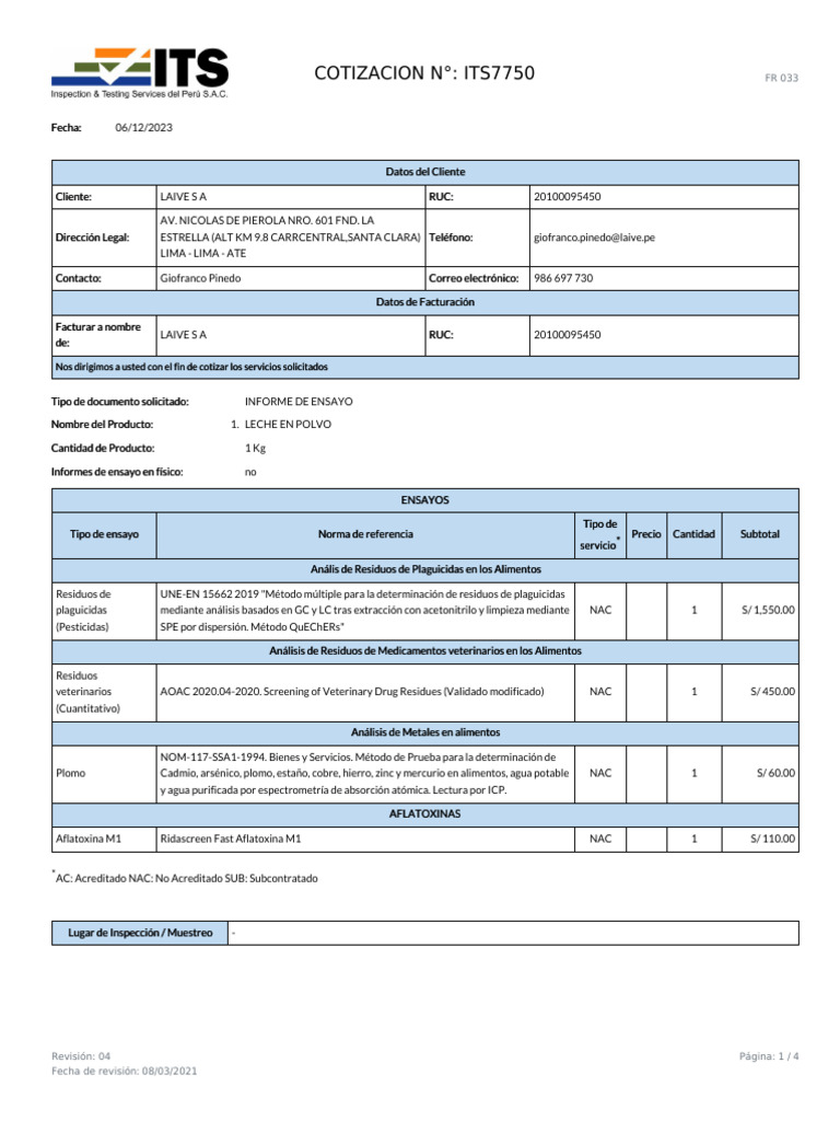 Cotizacion - ITS7750 - LAIVE S A - LECHE EN POLVO 1 | PDF | Calidad ...