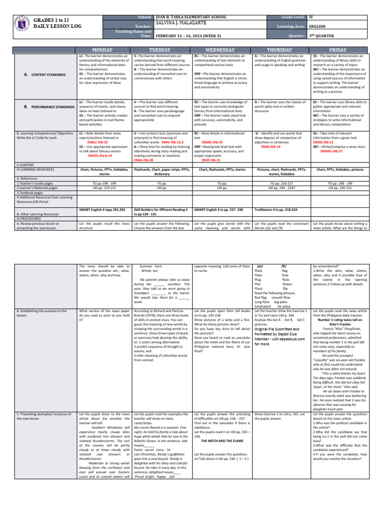 DLL - English 4 - Q3 - W3 | PDF | Learning | Differentiated Instruction DLL - English 4 - Q3 - W3 | PDF | Learning | Differentiated Instruction