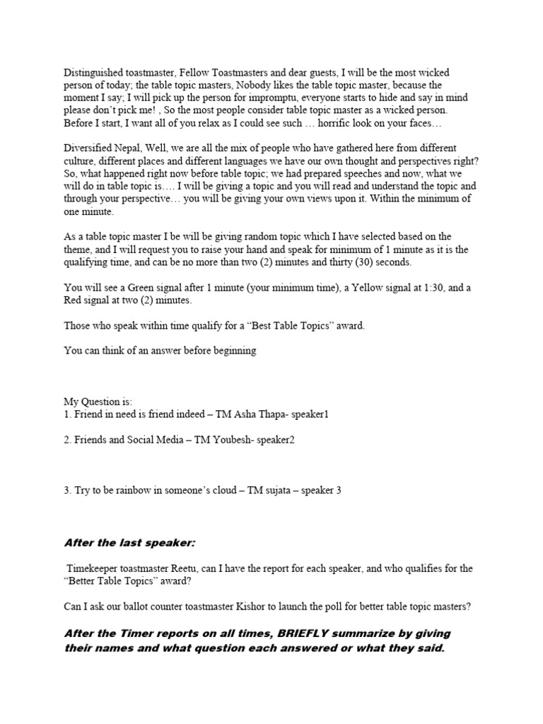 Table Topic Master | PDF