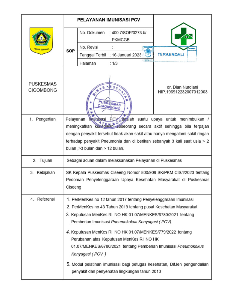 Sop Pelayanan Imunisasi PCV | PDF
