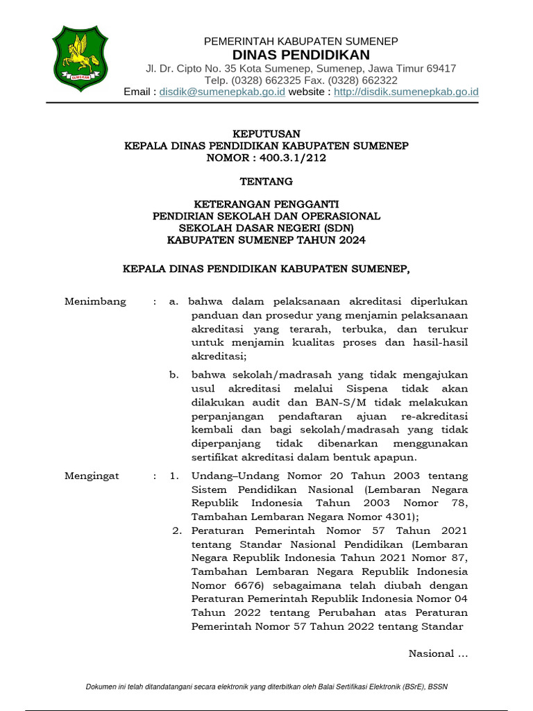 SK Pengganti Ijin Operasional Bagi SDN | PDF