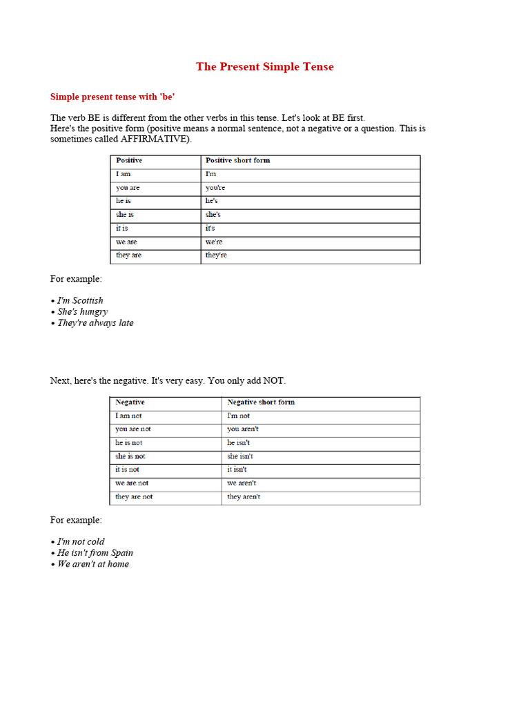 The Present Simple Tense FORM | PDF