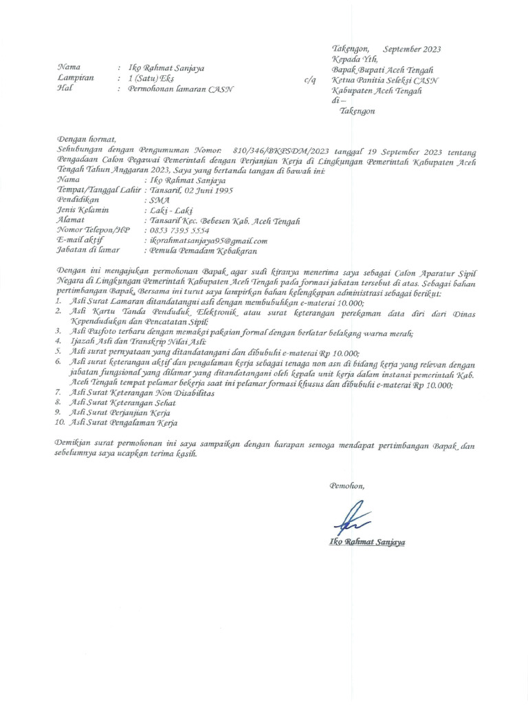 Surat Lamaran Iko Rahmat Sanjaya | PDF