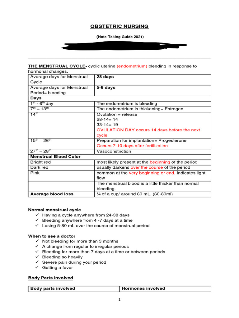 OBSTETRIC NURSING Note Taking Guide | PDF | Menstrual Cycle | Placenta