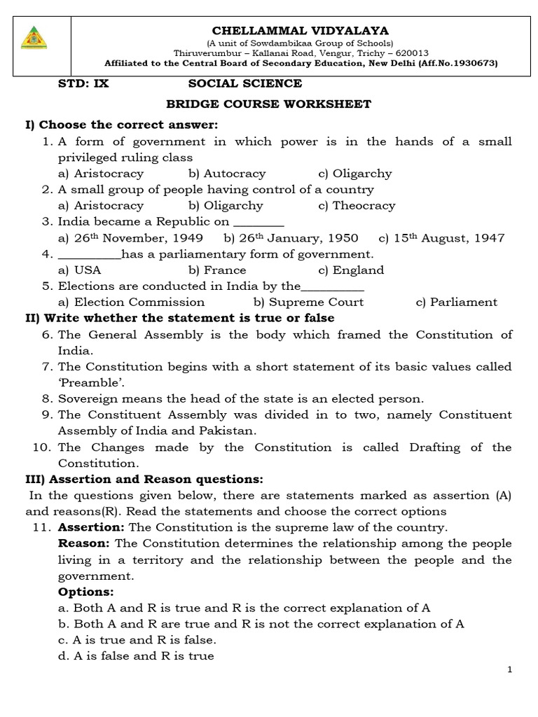 SST Worksheet Grade 10 | PDF | Constitution | Statutory Law