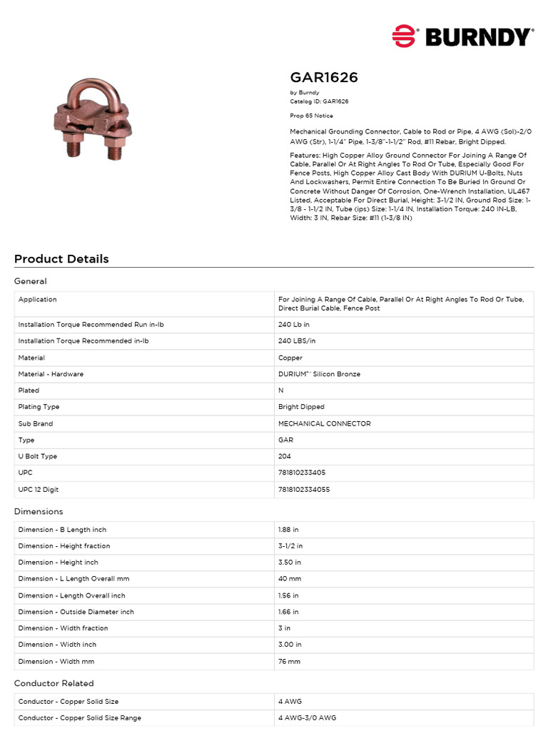 BURNDY GAR1626 Specsheet | PDF | Pipe (Fluid Conveyance) | Manufactured ...