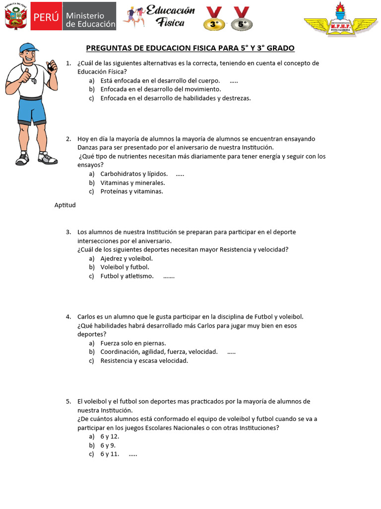 Preguntas de Educacion Fisica para 5 | PDF