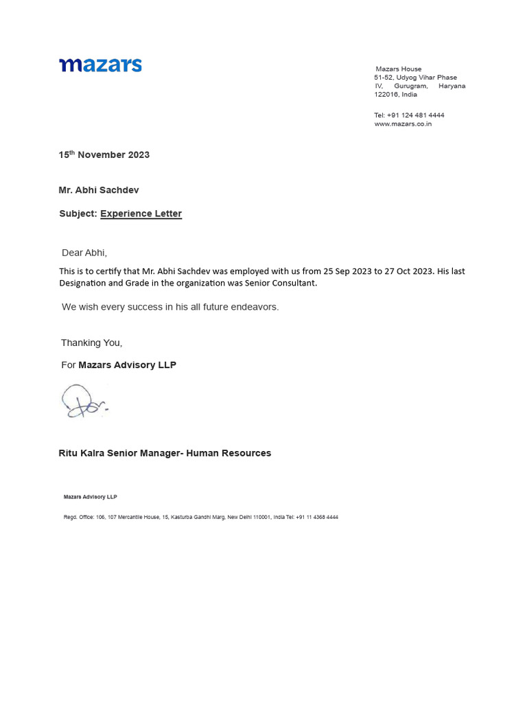 Abhi Sachdev - Experience Letter - Mazars | PDF
