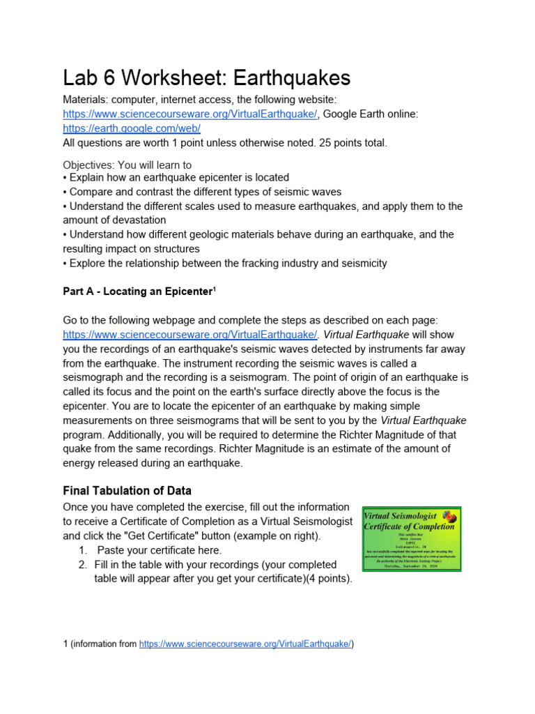 Lab 6 Worksheet - Earthquakes 1 | PDF | Earthquakes | Geophysics
