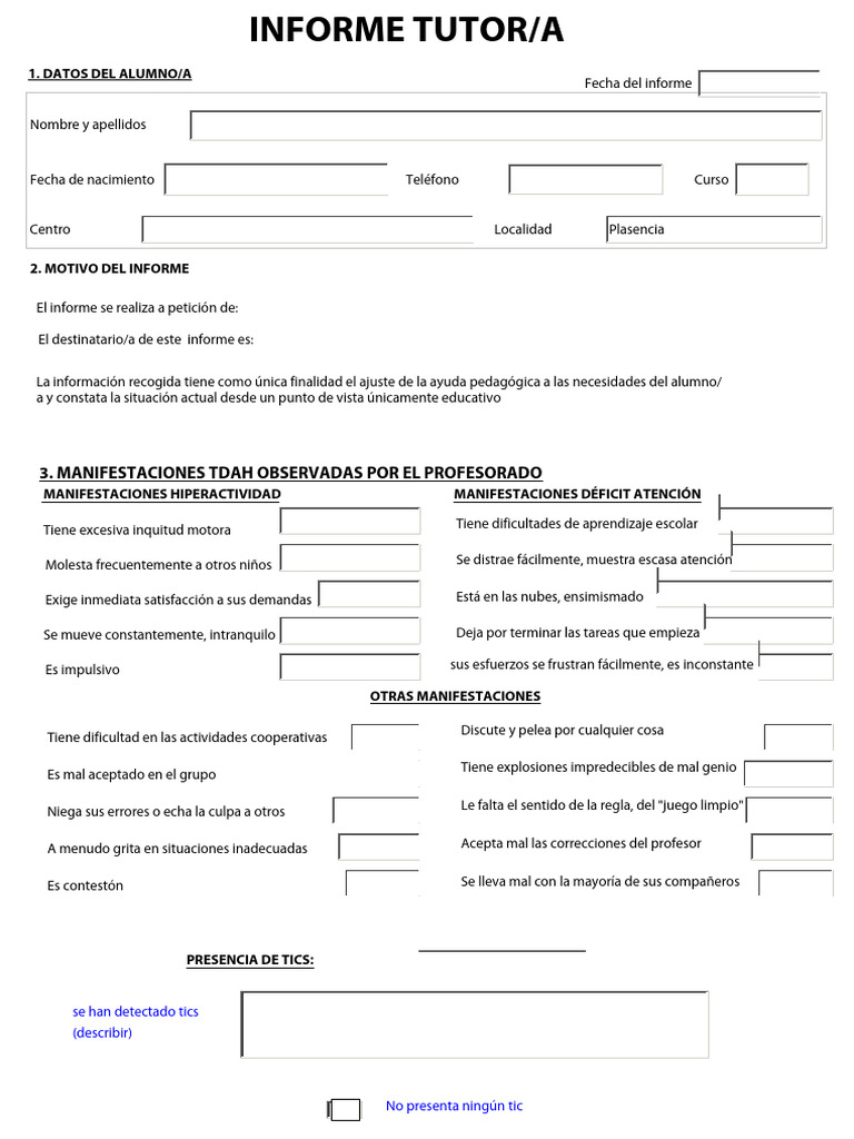 Informe Tdah Tutor | PDF | Desorden hiperactivo y deficit de atencion | Modificación de ...