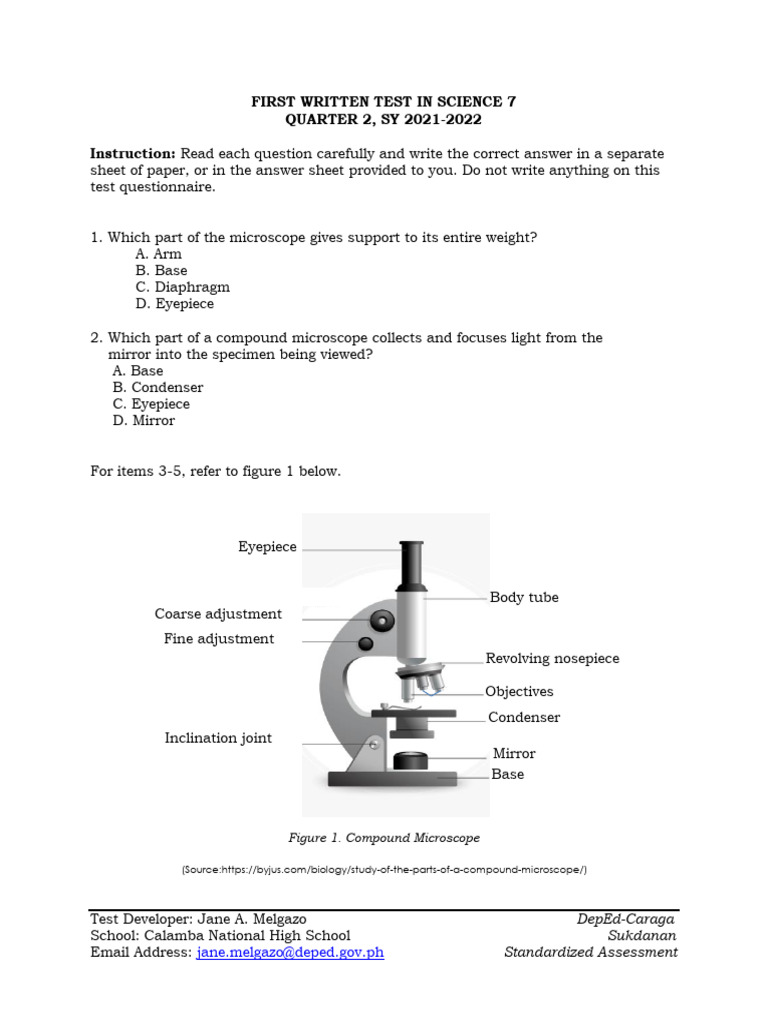 S7 Q2 Summative-Test-1 | PDF | Microscope | Laboratories