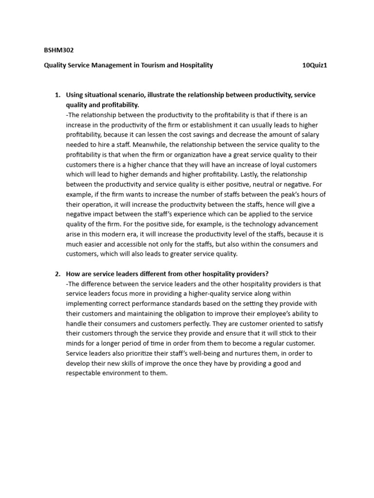 BHSM302-10 Quiz 1-Quality Service Management in Tourism and Hospitality | PDF | Profit ...