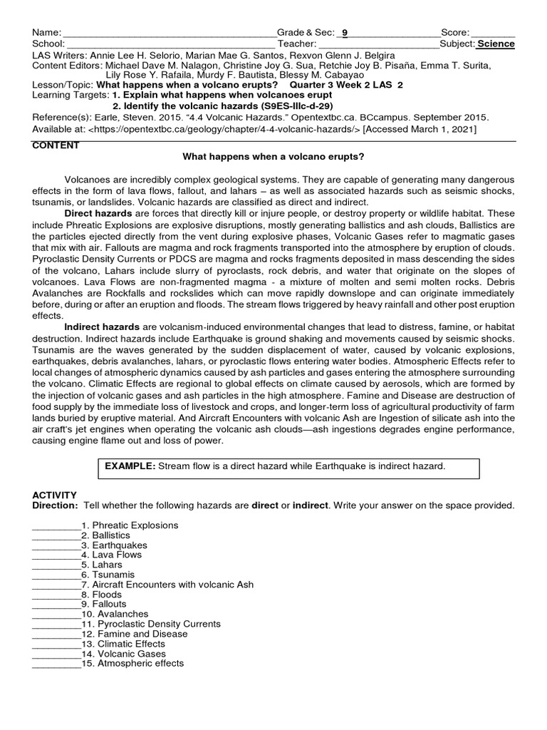 SCIENCE 9 - 5. W2 LAS What Happens When A Volcano Erupts | PDF ...