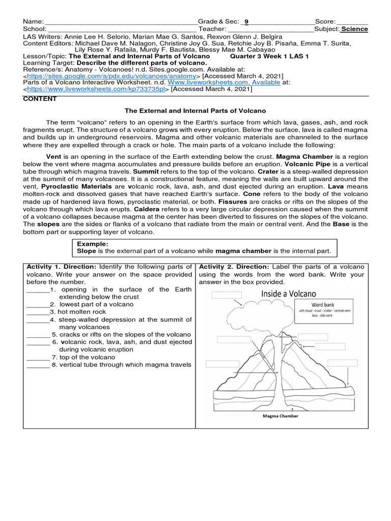 SCIENCE 9 - 1. W1 LAS The External and Internal Parts of Volcano | Download Free PDF | Volcano ...