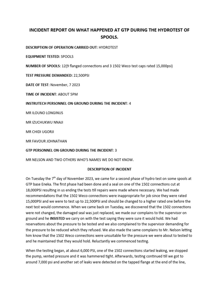 Incident Report On What Happened at GTP During The Hydrotest of Spools ...