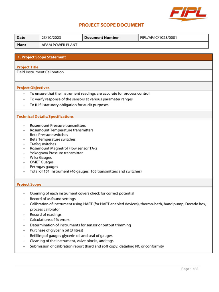 Field Instrument Calibration Project Scope | PDF | Calibration