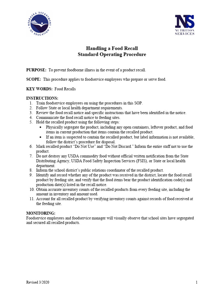 Food Recall SOP for Schools | PDF | Safety