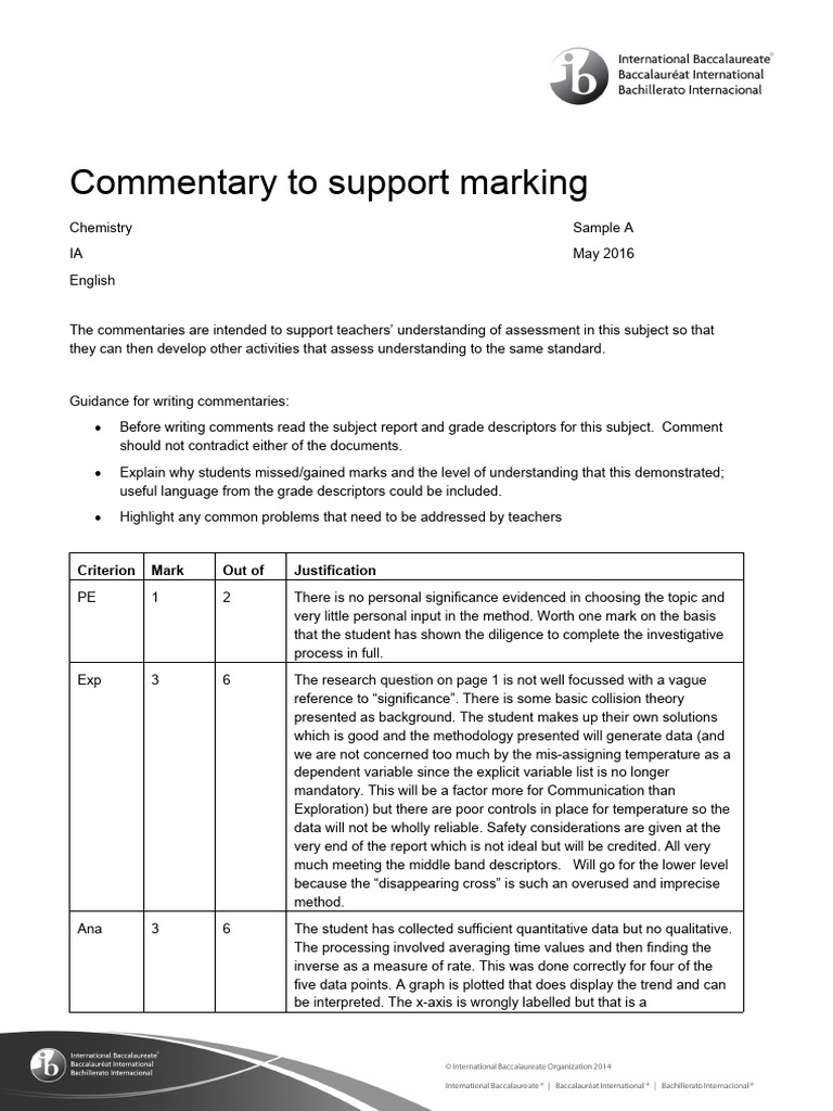 SL and HL Internal Assessment Sample A Commentary May 2016 (Category 1 ...