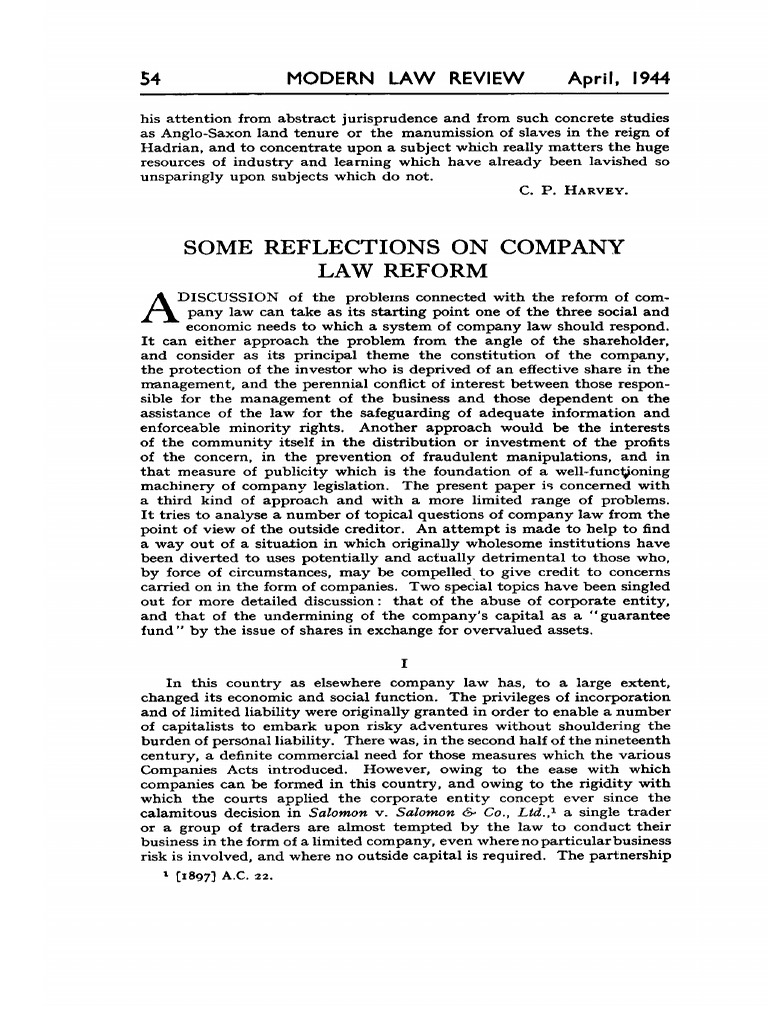 Kahn-Freund, Some Reflections On Company Law Reform' (1944) 7 Modern Law Review 54 | PDF ...