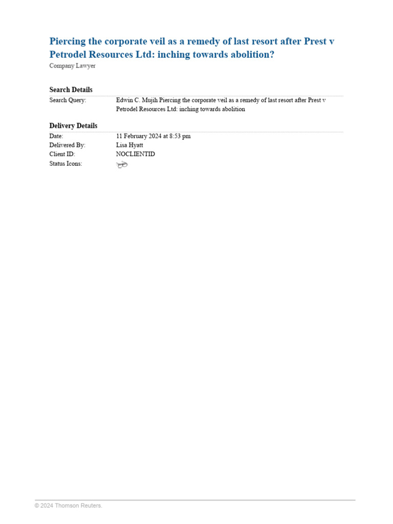 Mujih, Piercing The Corporate Veil As A Remedy of Last Resort After ...