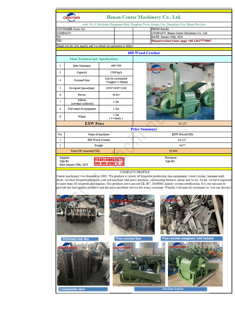 Quotation of 600 Wood Crusher | PDF | Secondary Sector Of The Economy
