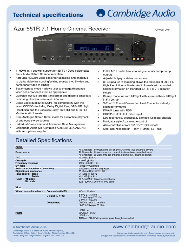 Azur 551R Technical Specifications | PDF | Hdmi | Sound Technology