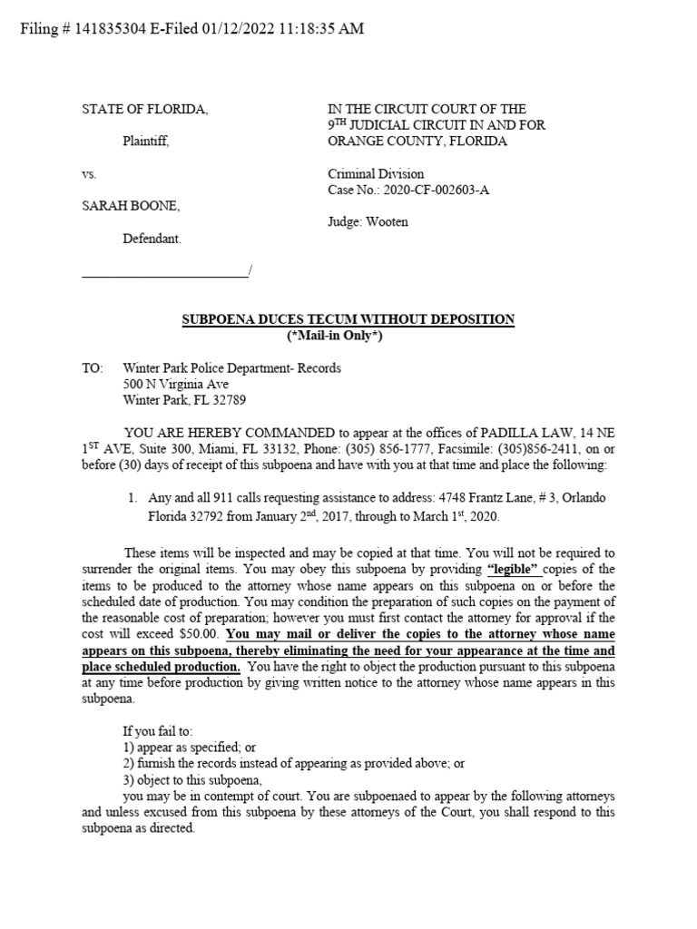 Subponea To Winter Park Police Department - Sarah Boone | Download Free ...