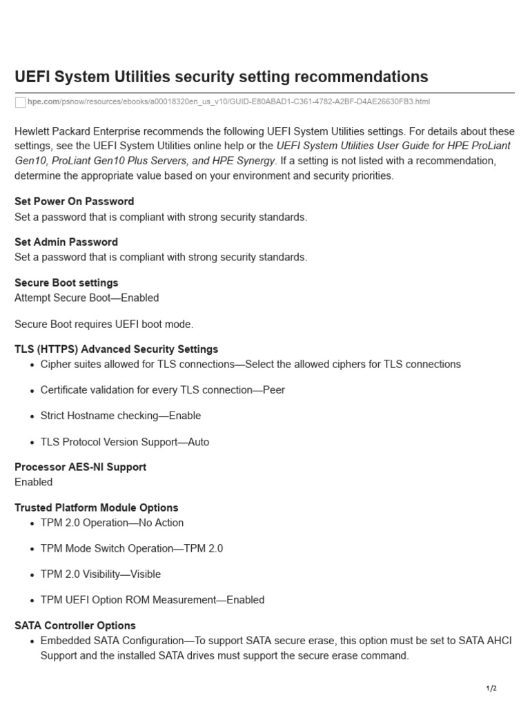 Uefi System Utilities Security Setting Recommendations Pdf Transport Layer Security Booting