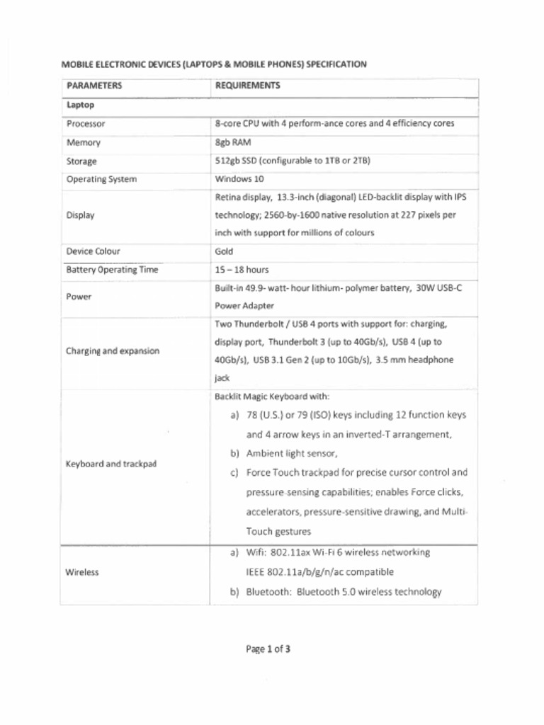 Technical Specification For Laptop - KP1-9A.3-OT-33-23-24 | PDF