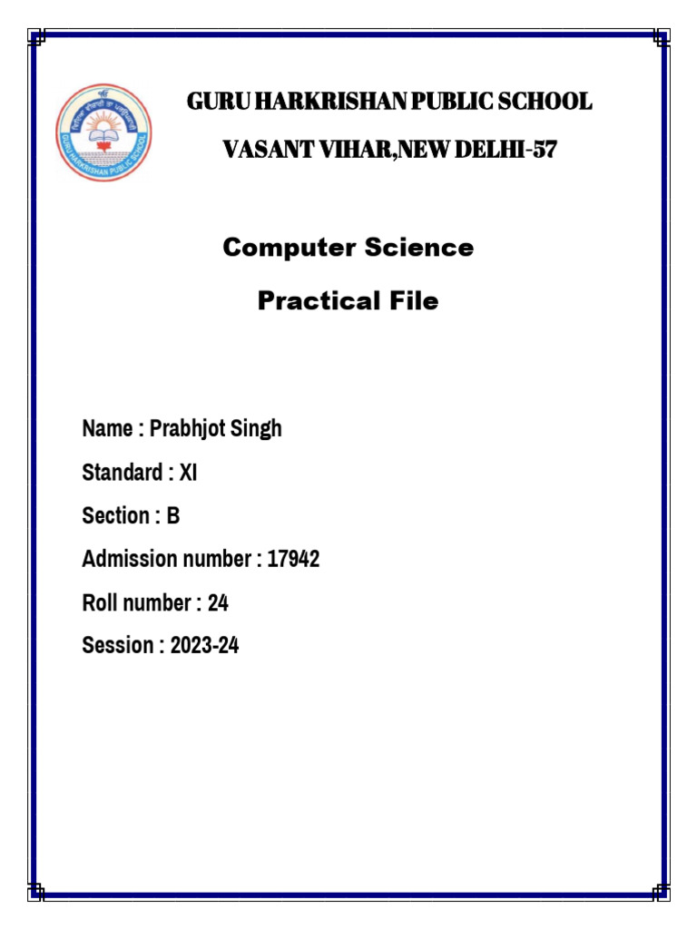 Computer Science Practical File Guru Harkrishan Public School Vasant Vihar New Delhi 57 Pdf