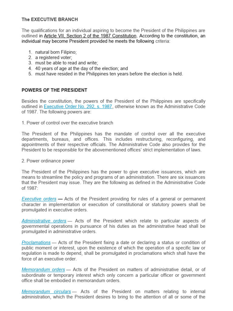Executive Branch Powers and Qualifications | PDF | Eminent Domain ...