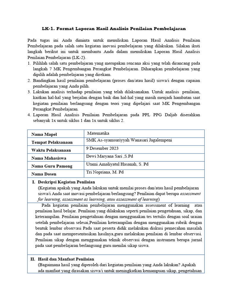 LK-1. Format Laporan Hasil Analisis Penilaian Pembelajaran | PDF