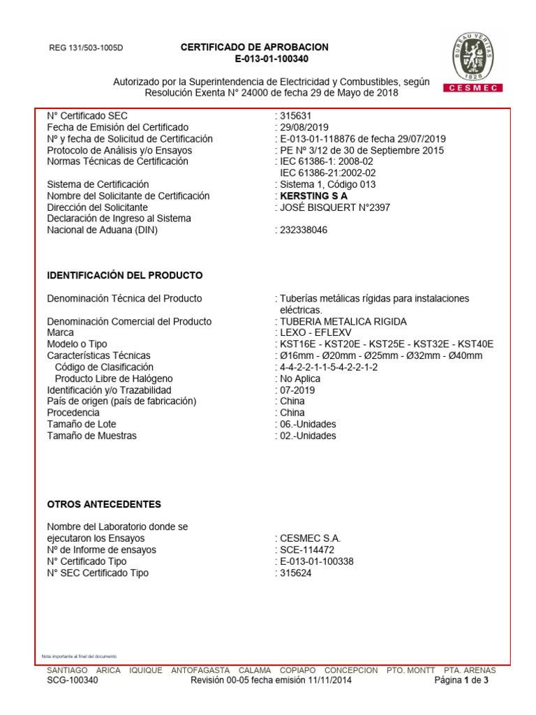 Certificación Tuberías Metálicas Rígidas | PDF