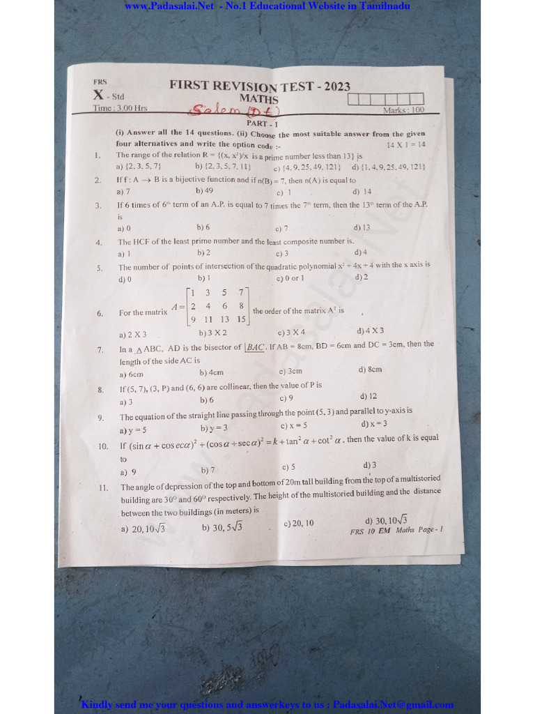 10th Maths EM 1st Revision Exam 2023 Original Question Paper Salem ...