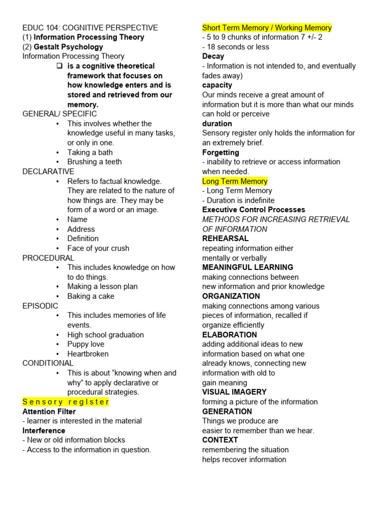 Educ 104 Cognitive Perspective | PDF | Memory | Psychological Concepts