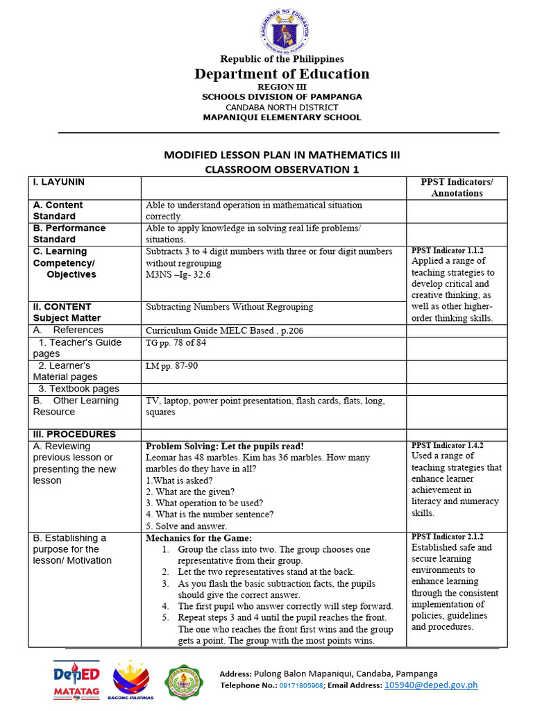 Modified DLL Q1 - Cot1 | PDF | Subtraction | Pedagogy